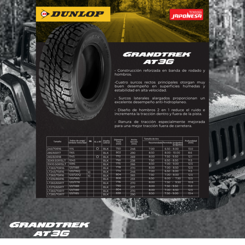 DUNLOP 265/70R16 10PR 121/118R GRANDTREK AT3 GM - Llantaenlinea.com